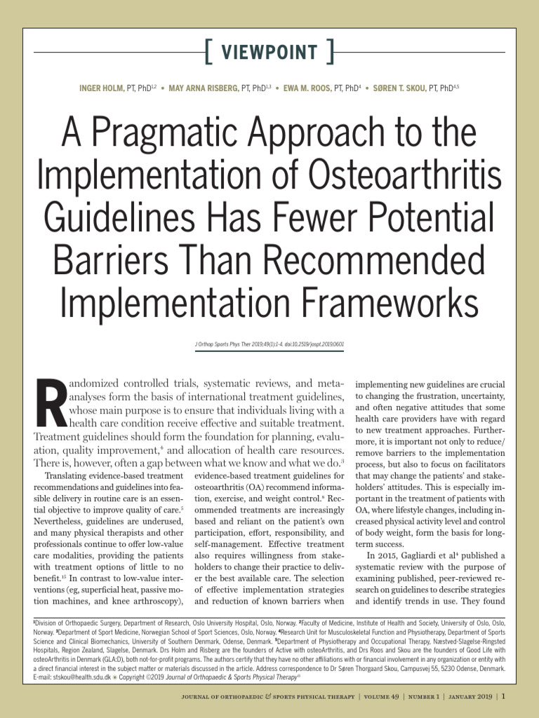 A Pragmatic Approach To The Implementation of Osteoarthritis Guidelines Has Fewer Potential ...