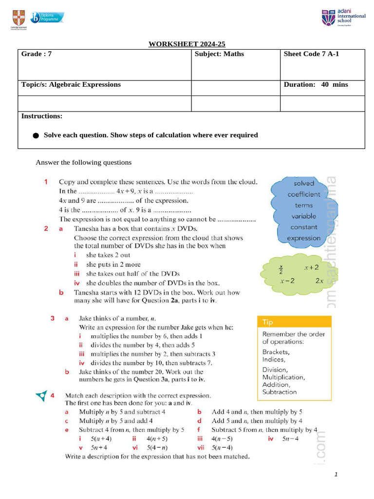 constructing algebraic expression | PDF
