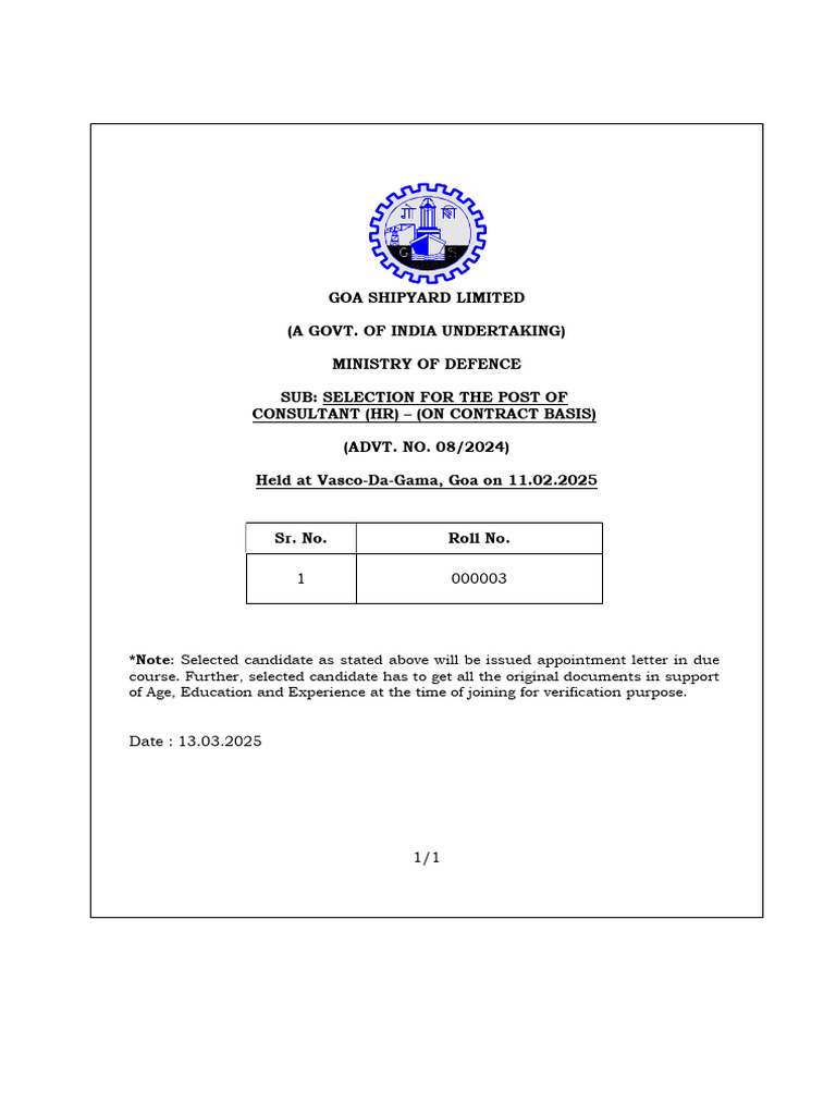 Consultant HR Selection Notice 2024 | PDF
