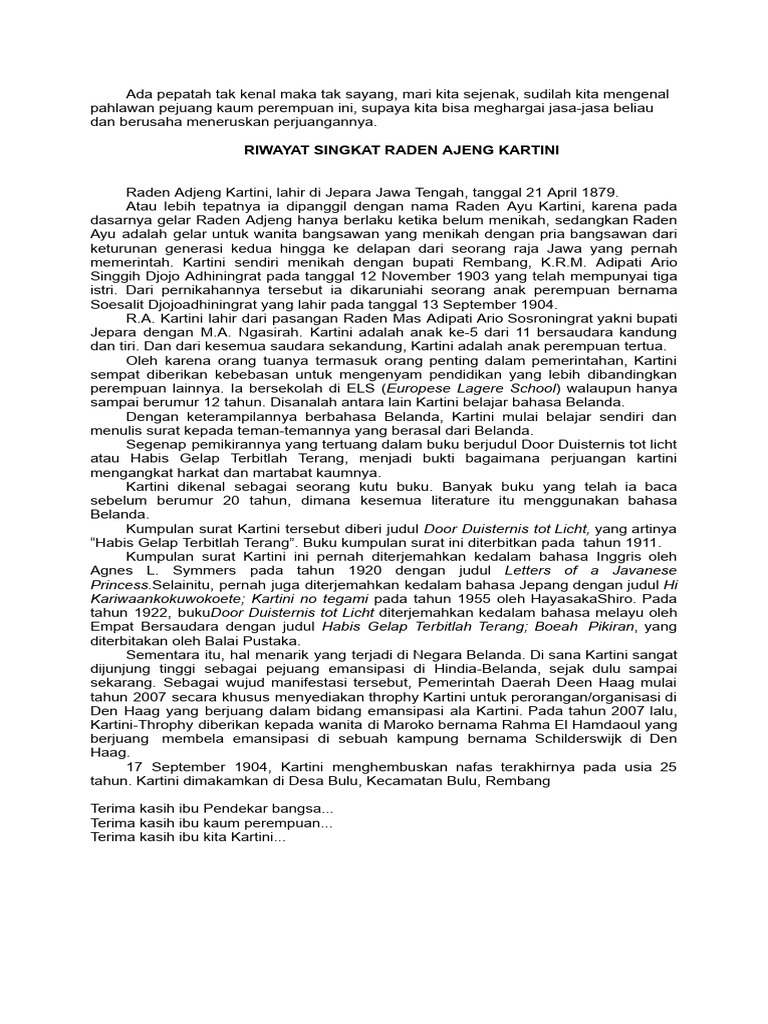 Biografi Singkat Raden Ajeng Kartini | PDF