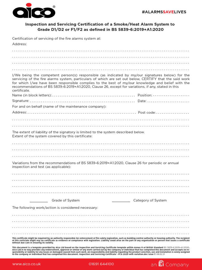 Aico Inspection and Servicing Certificate Issue 7 | PDF