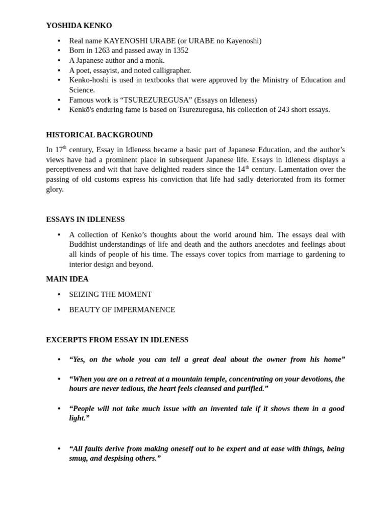 Yoshida Kenko (Essay On Idleness) Handout | PDF