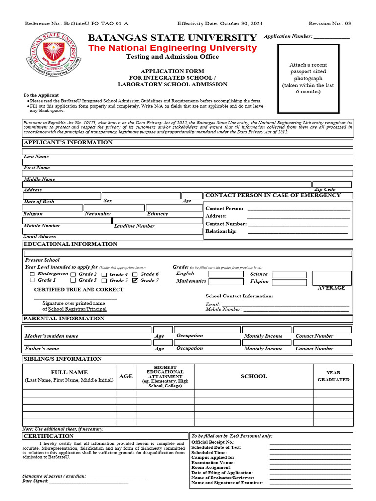 BatStateU FO TAO 01 A - Application Form For Integrated School and ...