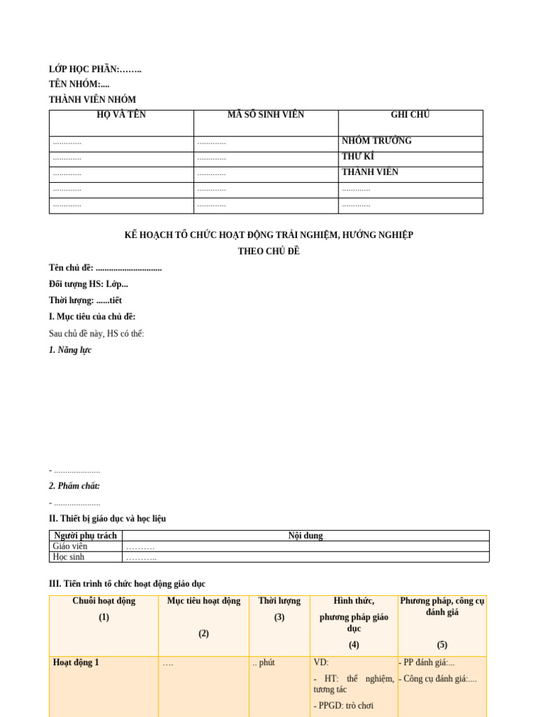 Khung Goi y - KH To Chuc HDTN, HN Qua HDGD Theo Chu de | PDF