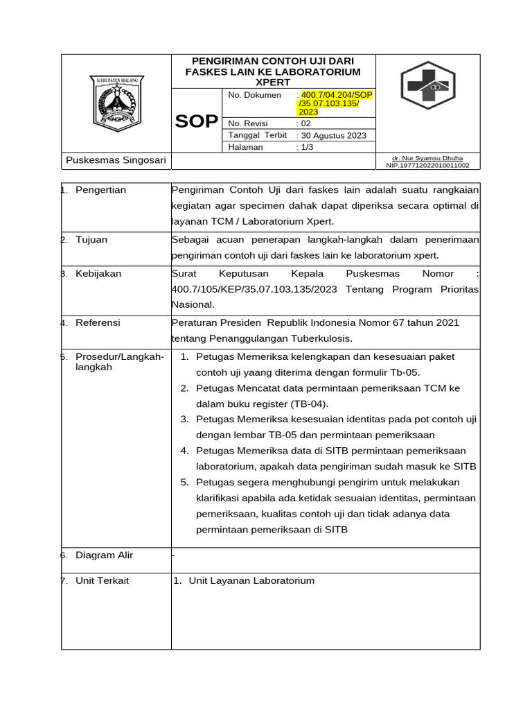 Sop Pengiriman Contoh Uji Dari Faskes Lain | PDF