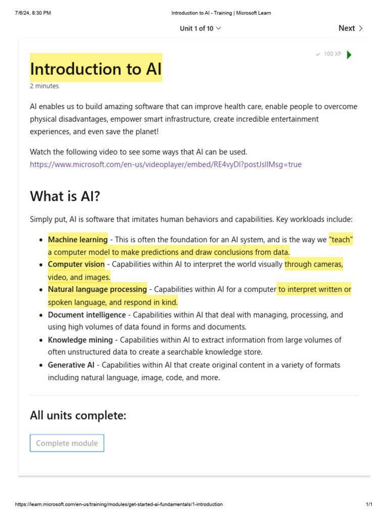 01 - Introduction to AI - Training _ Microsoft Learn | PDF