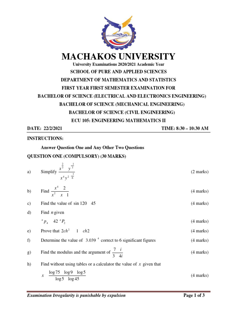 ECU 105 ENGINEERING MATHEMATICS II (1) | PDF | Arithmetic ...