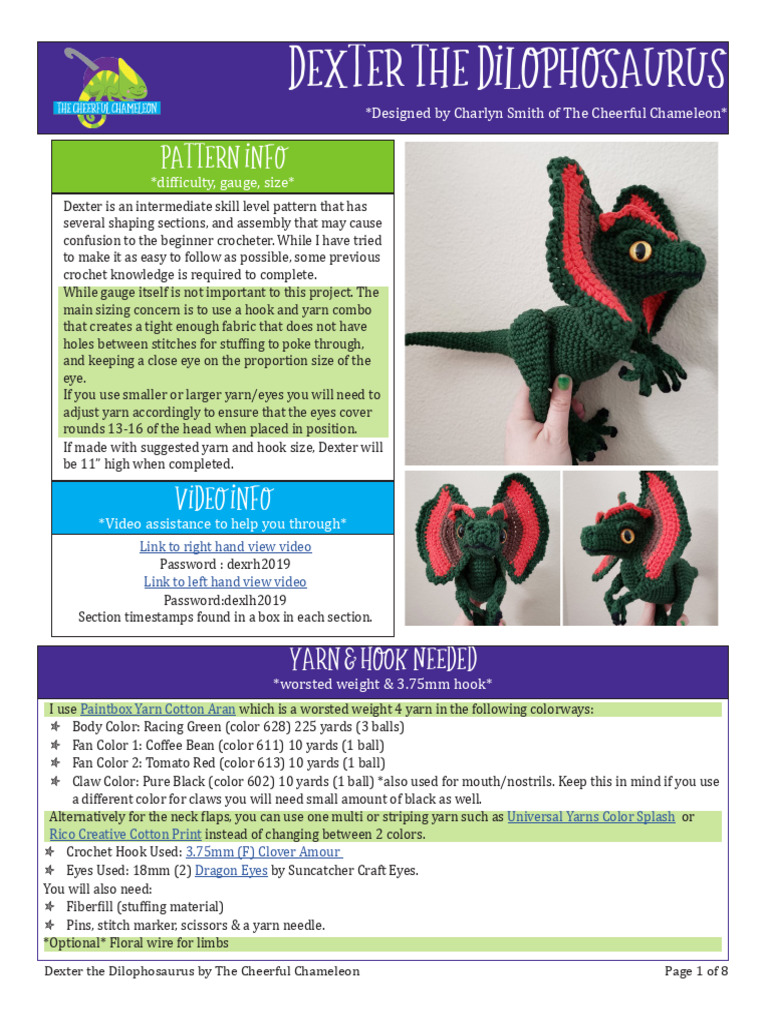 Crochet Dexter the Dilophosaurus Pattern | PDF | Crochet | Worsted