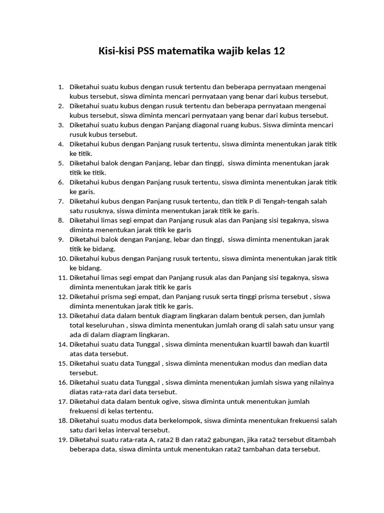 Kisi-kisi Matematika Wajib PSS kelas 12 | PDF