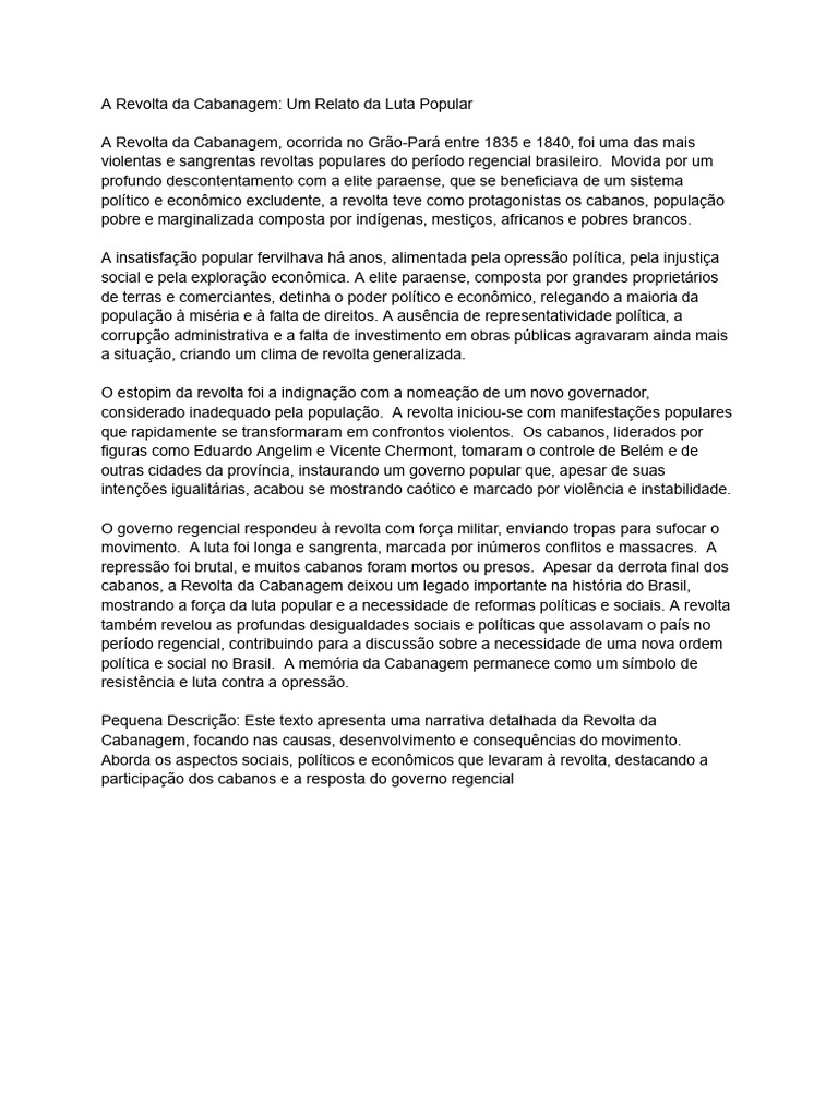 Revolta da Cabanagem: Causas e Consequências | PDF | Brasil