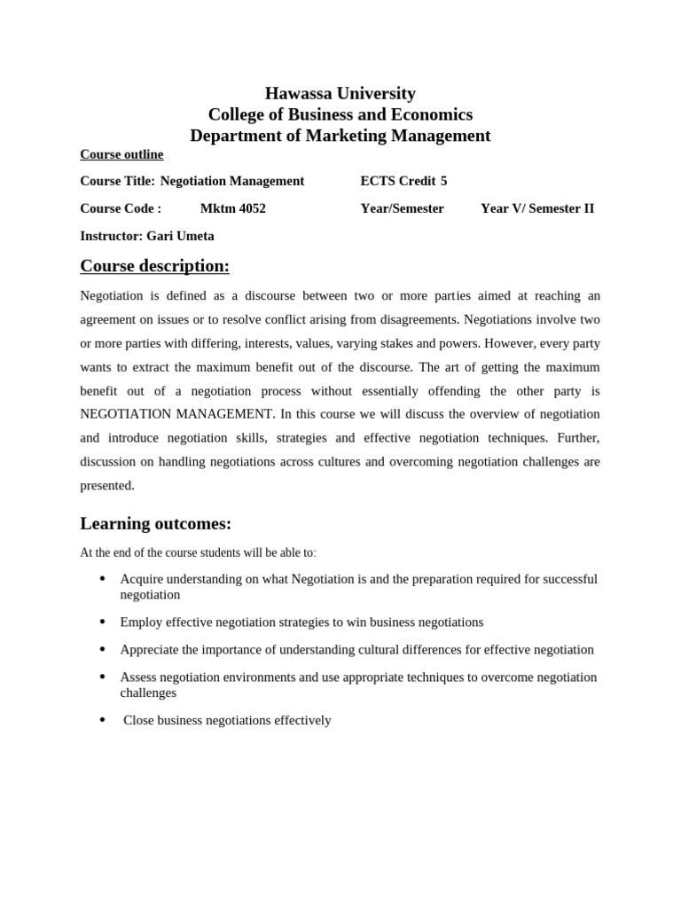 Negotiation MGT Course Outline | PDF | Negotiation | Social Psychology