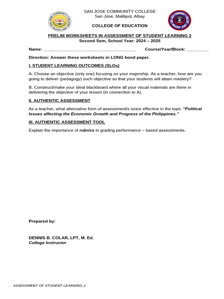 Prelim Worksheets in Assessment of Learning 2 | PDF