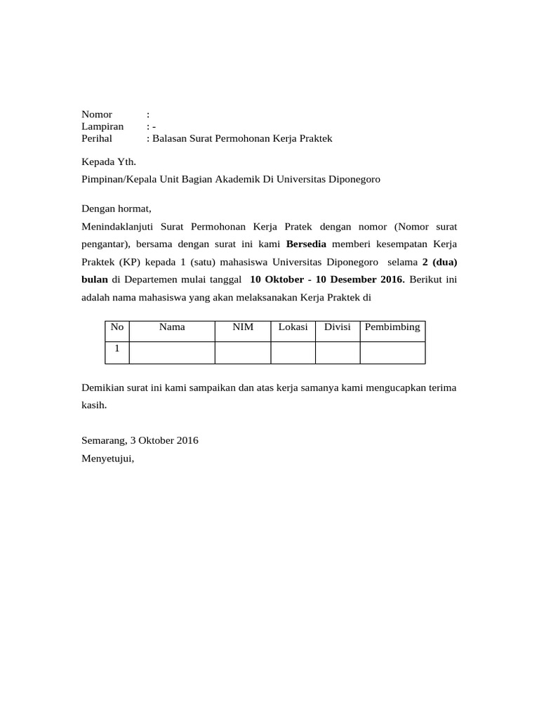 Format Surat Balasan Magang | PDF