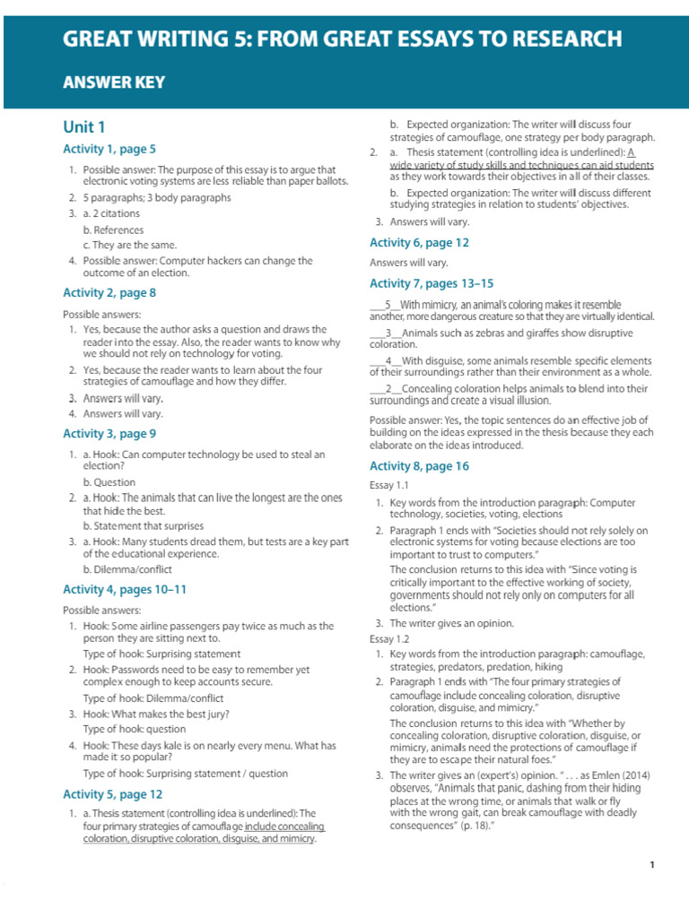 Great Writing 5 Answer Key 5th Edition | PDF
