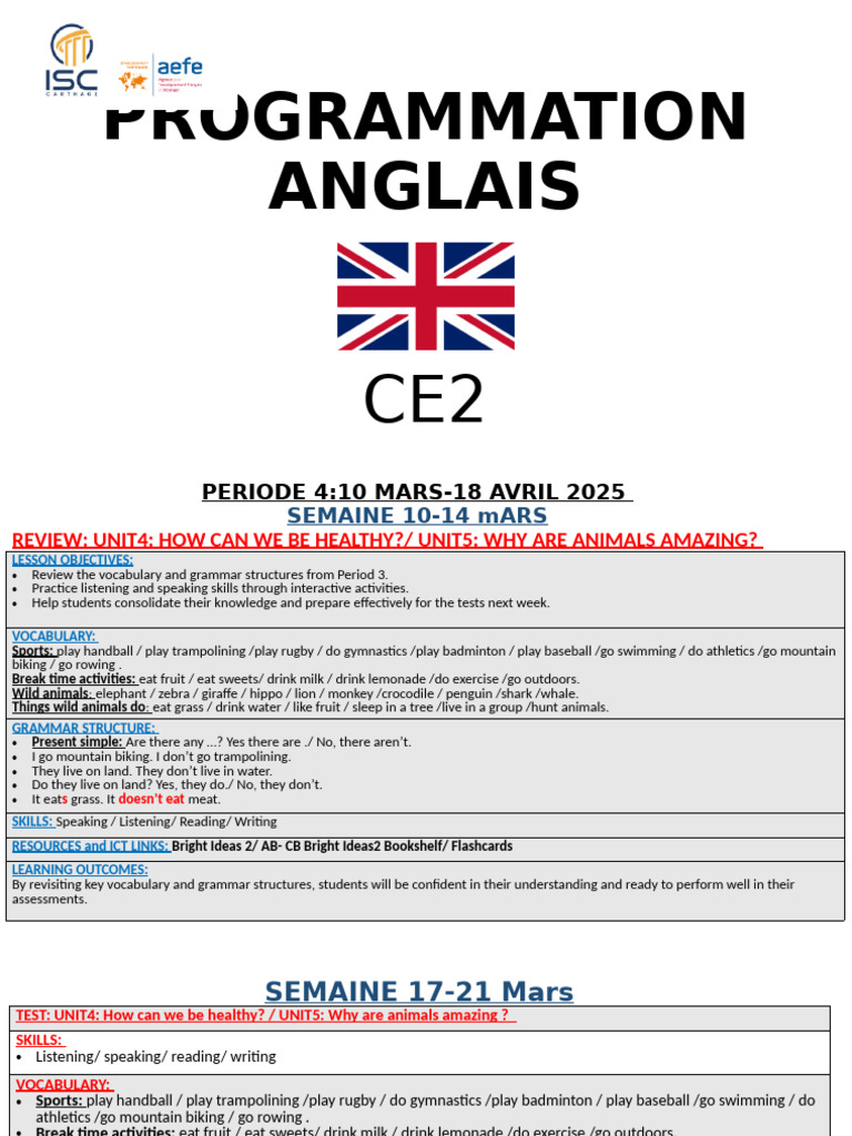 Programmation Anglais Ce2 p4 | PDF | Vocabulary | English Language