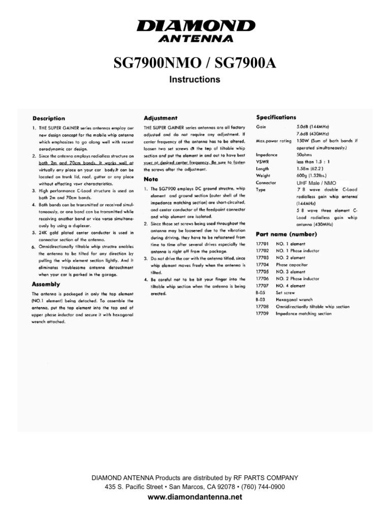 Diamond SG7900A Antenna Instructions | PDF