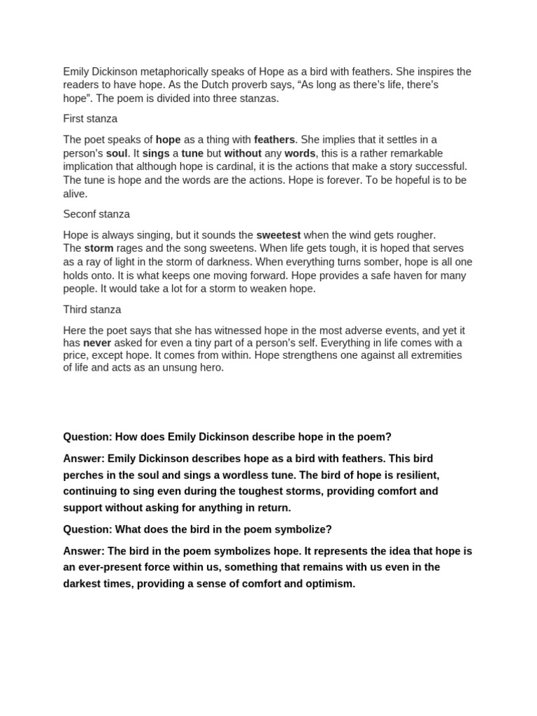 Emily Dickinson Hope As A Bird With Feathers | PDF | Hope | Emily Dickinson