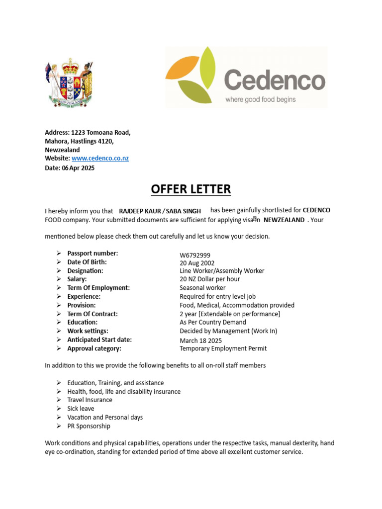 CEDENCO Foods New Zealand Job Offer | PDF | Travel Visa | Employment