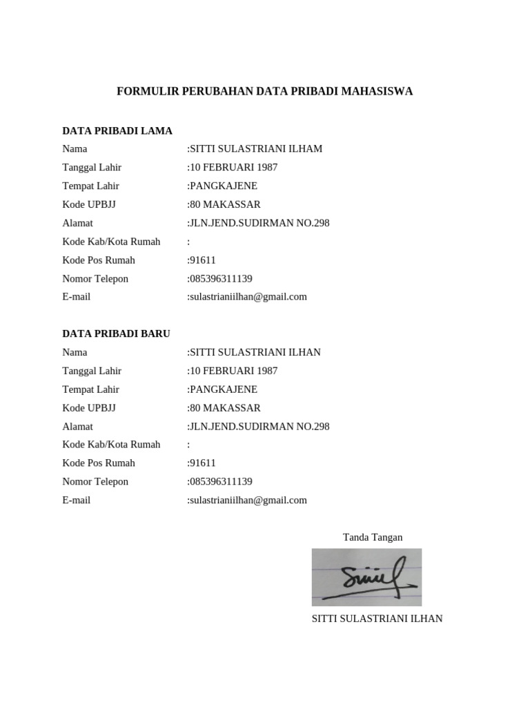 Formulir Perubahan Data Mahasiswa | PDF