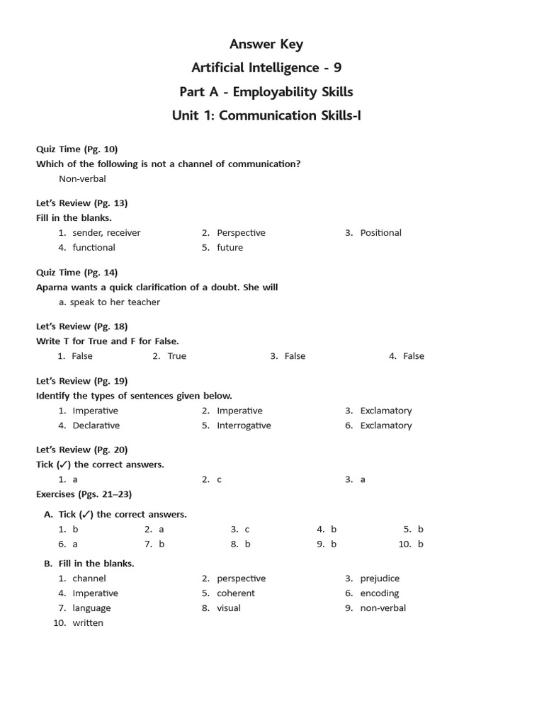 Communication Skill IX (AI) Answer Key - 250430 - 083945 | PDF ...