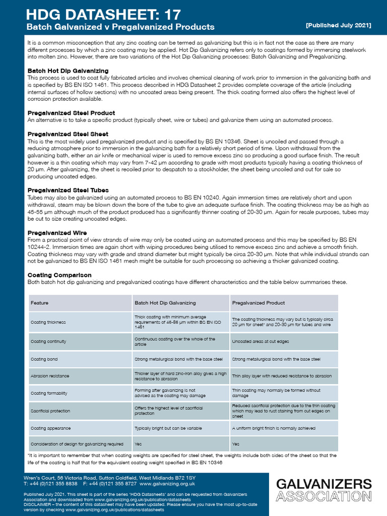 HDG Datasheet 17 - Batch Galvanized v Pregalvanized Products | PDF ...