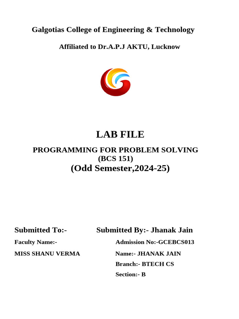 Cover Page - PPS Lab (1) Jhanak | PDF