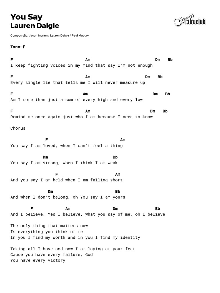 Cifra Club - Lauren Daigle - You Say | PDF