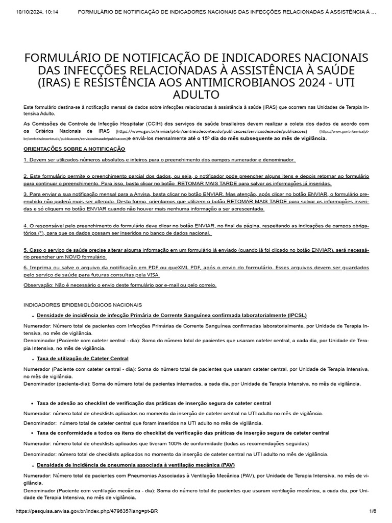 Notificação de IRAS em UTI Adulto 2024 | PDF | Infecção | Unidade de ...