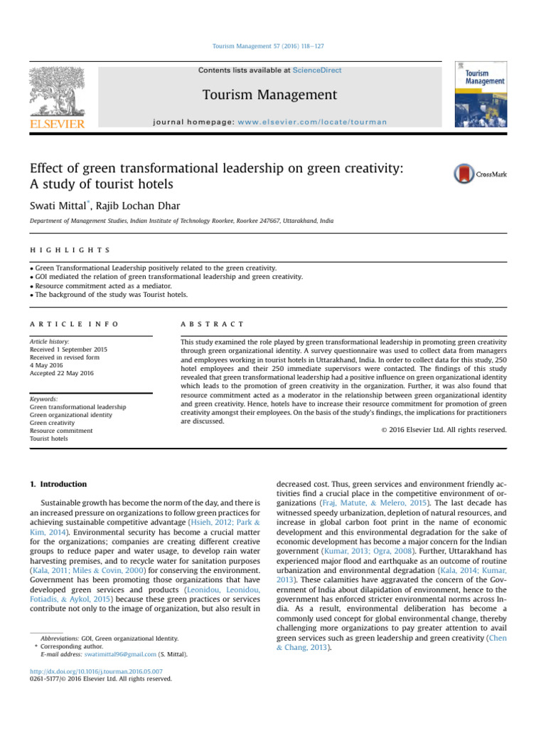 Mittal and Dhar - 2016 - Effect of Green Transformational Leadership On Gre | PDF