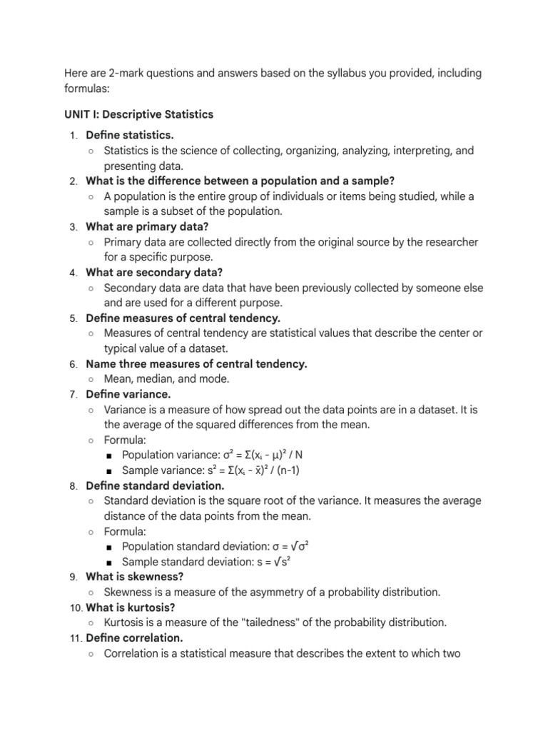 Statistics and Probability 2-Mark Questions and Answers With Formulas | PDF | Type I And Type Ii ...