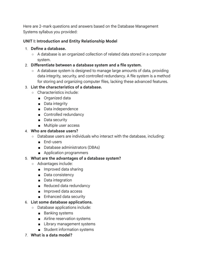 Database Management Systems 2-Mark Questions and Answers | PDF | Relational Database ...