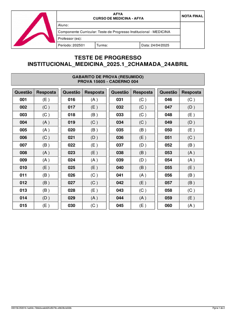 Tpi - Medicina - Prouniefies - 2°chamada - 2025.1 - Gabarito - Caderno 4 | PDF