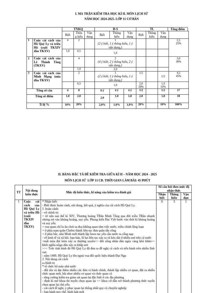 Sử. Ma trận. Đặc tả HKII.11CB | PDF