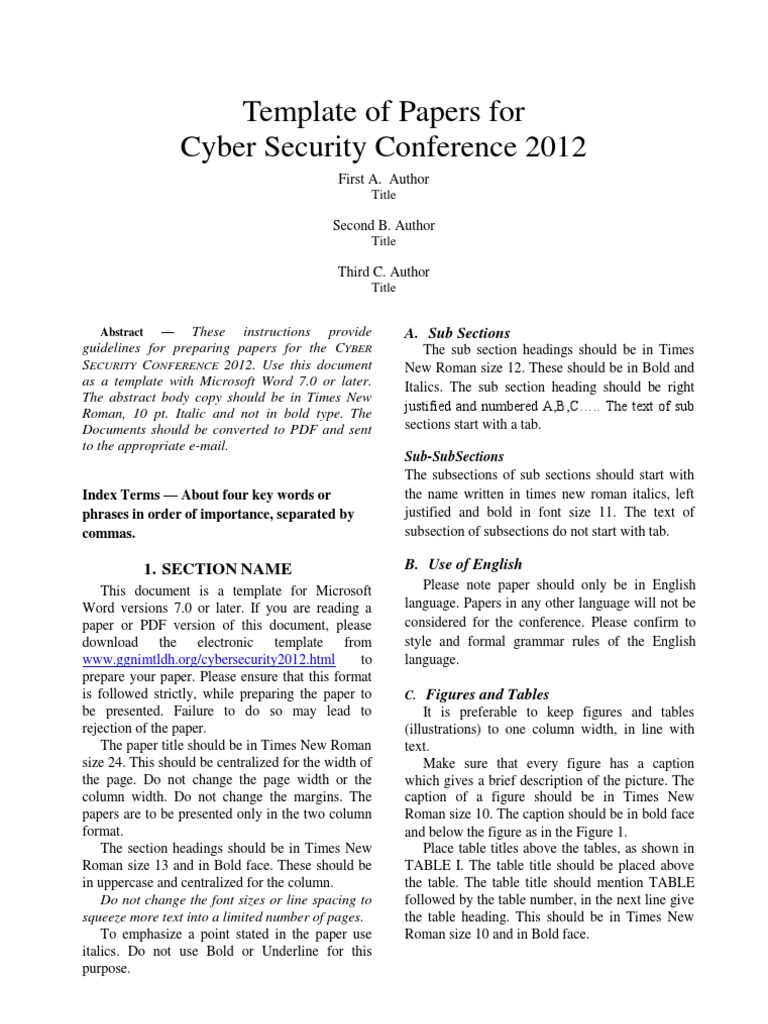 Template of Papers For Cyber Security Conference 2012: 1. Section Name ...
