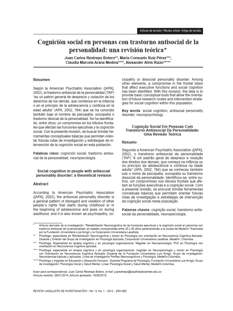Cognición Social en Personas Con Trastorno Antisocial de La Personalidad: Una Revisión Teórica ...