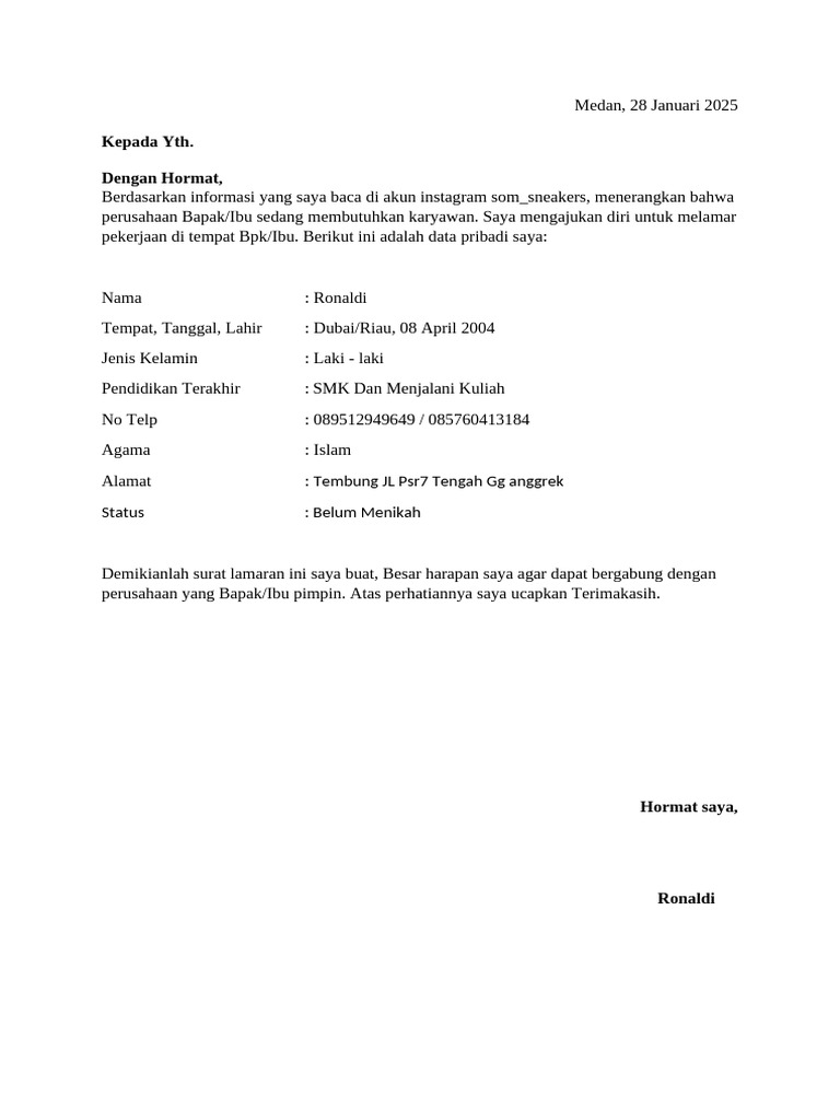 Surat Lamaran Kerja Ronaldi 2025 | PDF