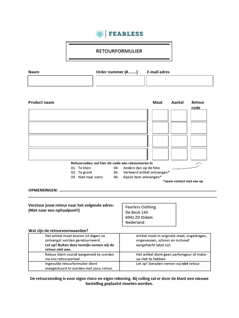 Retourformulier Fearless Clothing 2024 | PDF