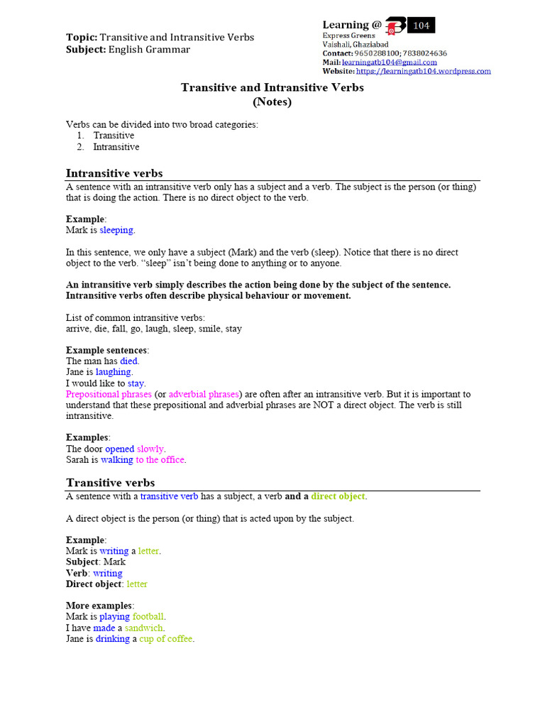 Transitive and Intransitive Verbs Notes | PDF | Verb | Subject (Grammar)