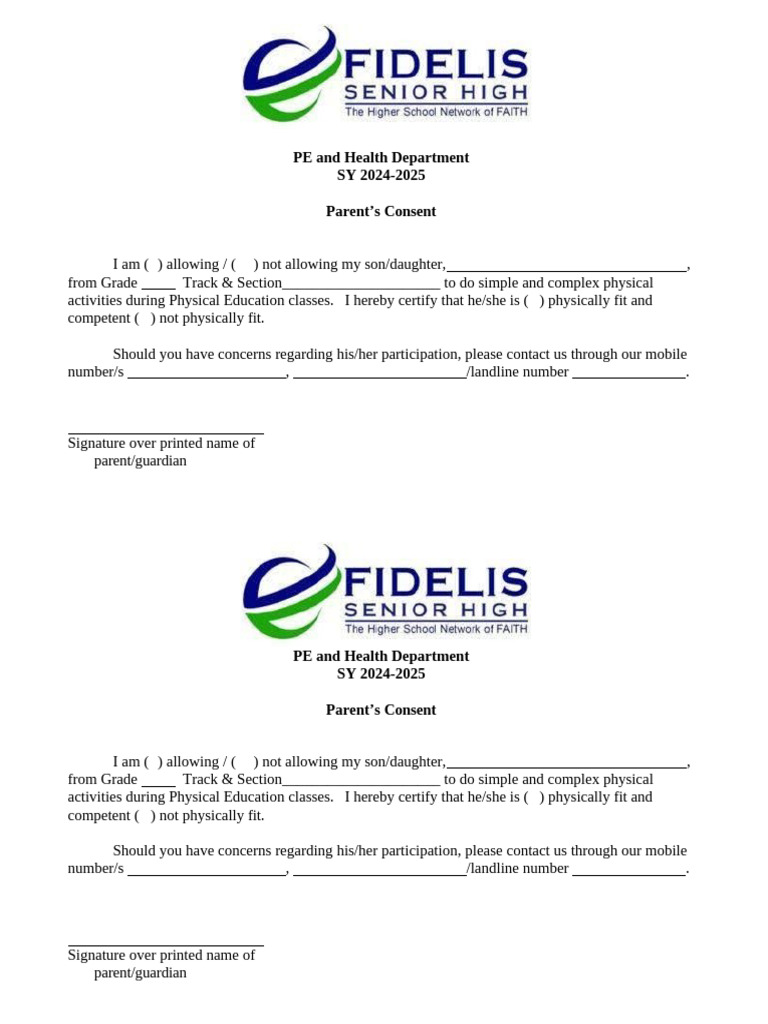 Parent Consent for PE Activities 2024-2025 | PDF