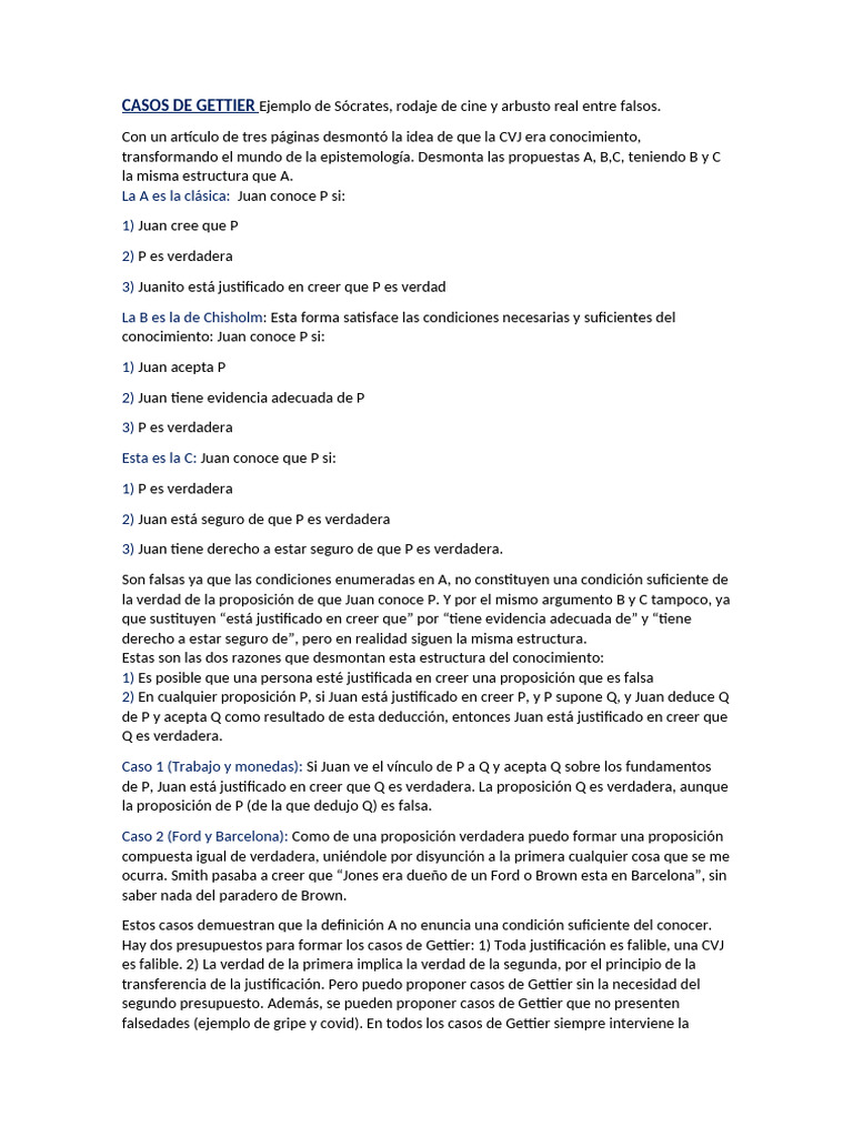 Apuntes Casos de Gettier. | PDF | Verdad | Lógica