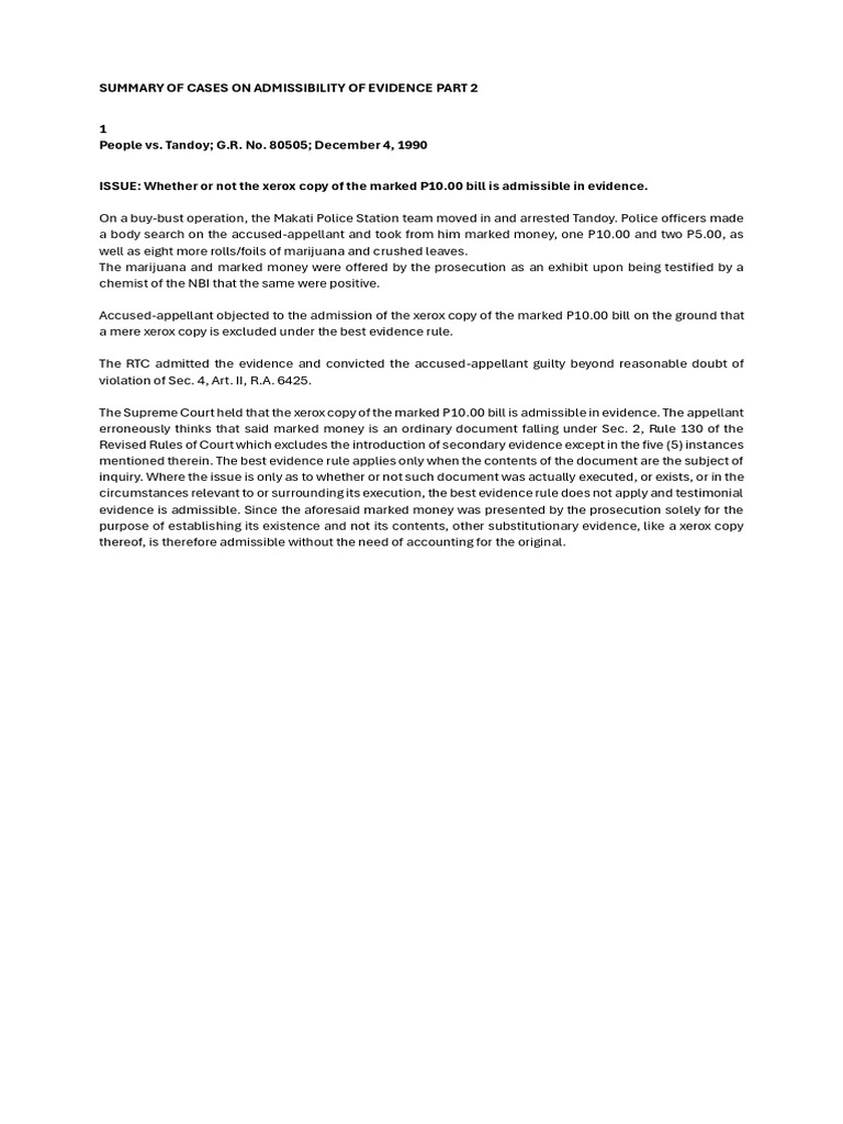 Summary of Cases On Admissibility of Evidence Part 2 | PDF | Affidavit ...