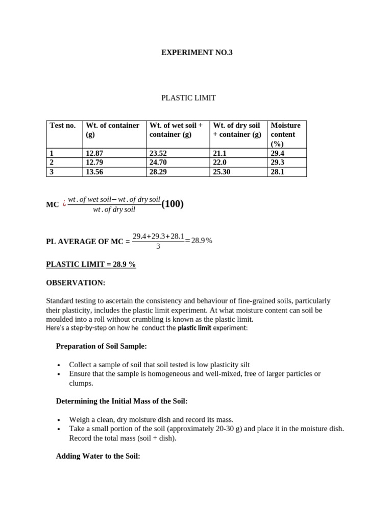 EXPERIMENT NO.3 Plastic Limit Pojas File | PDF | Applied And ...