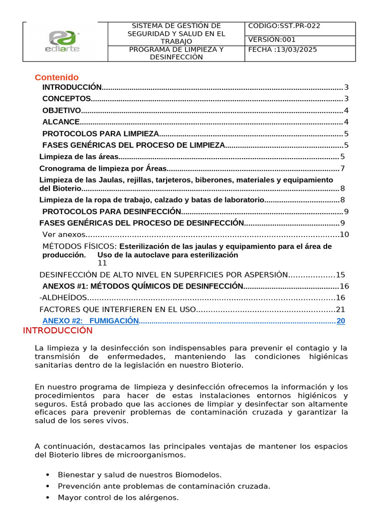 Programa Limpieza Desinfeccion | PDF | Peróxido de hidrógeno | Esterilización (Microbiología)