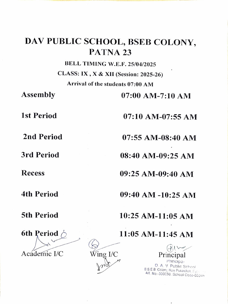 Bell timing w.e.f 25.04.2025.(Class IX, X & XII). | PDF