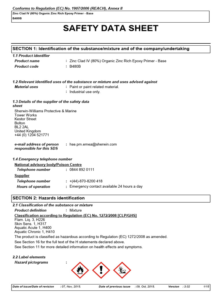 Paint - Zinc Clad IV Safety Datasheet | PDF | Waste | Personal Protective Equipment