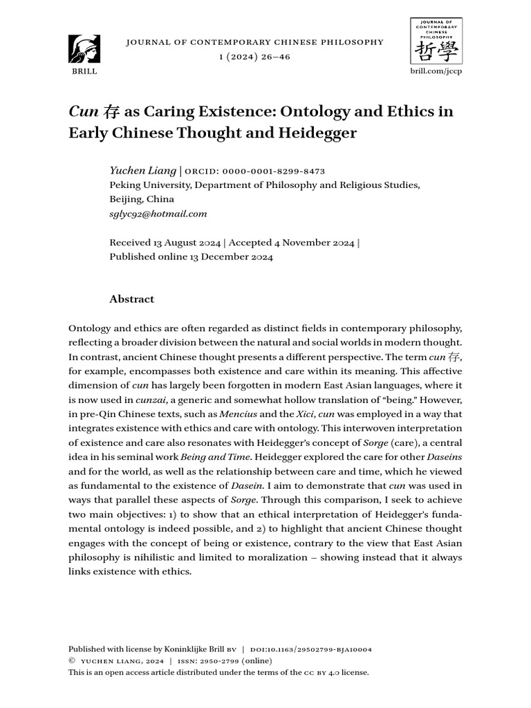 Cun 存 as Caring Existence Ontology and Ethics in Early Chinese Thought ...