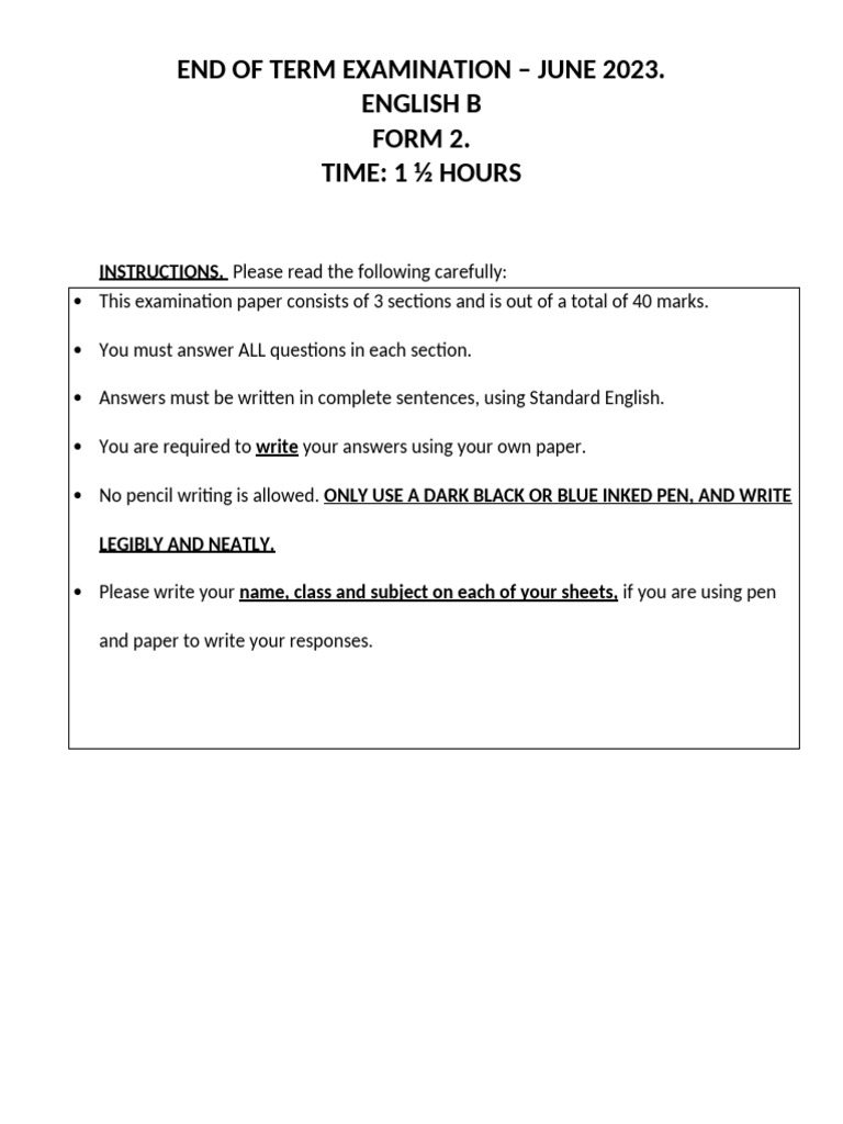 June English B Exam -Form 2 | PDF | Writing | Poetry