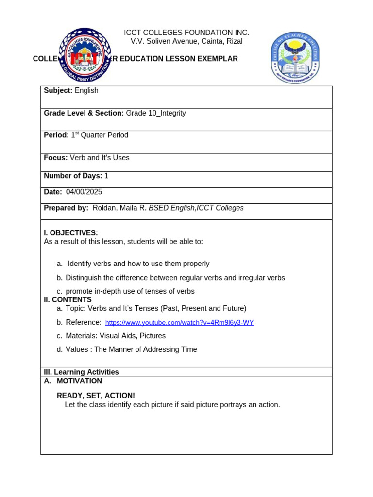 Group 2 Set B Lesson Plan Draft | PDF | Verb | Grammatical Tense