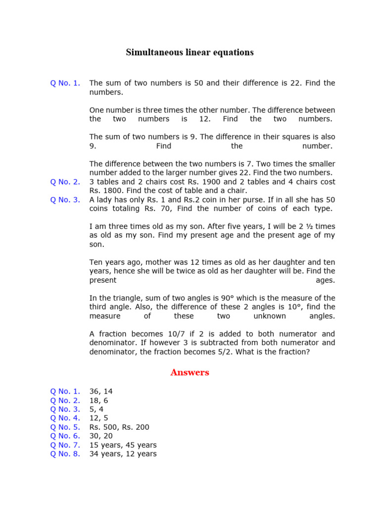 Exercise Simultaneous Equations | PDF