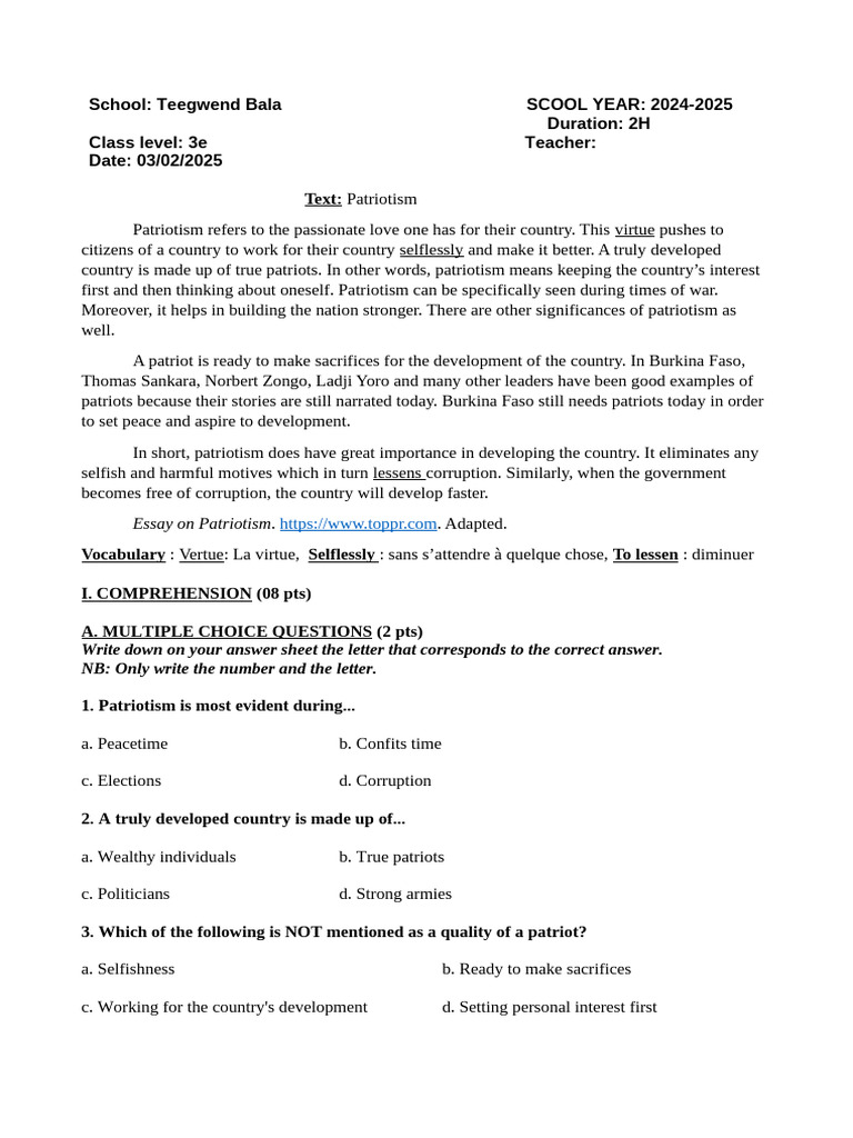 3e Patriotism Test 2 Term 2 TWB | PDF | Linguistics